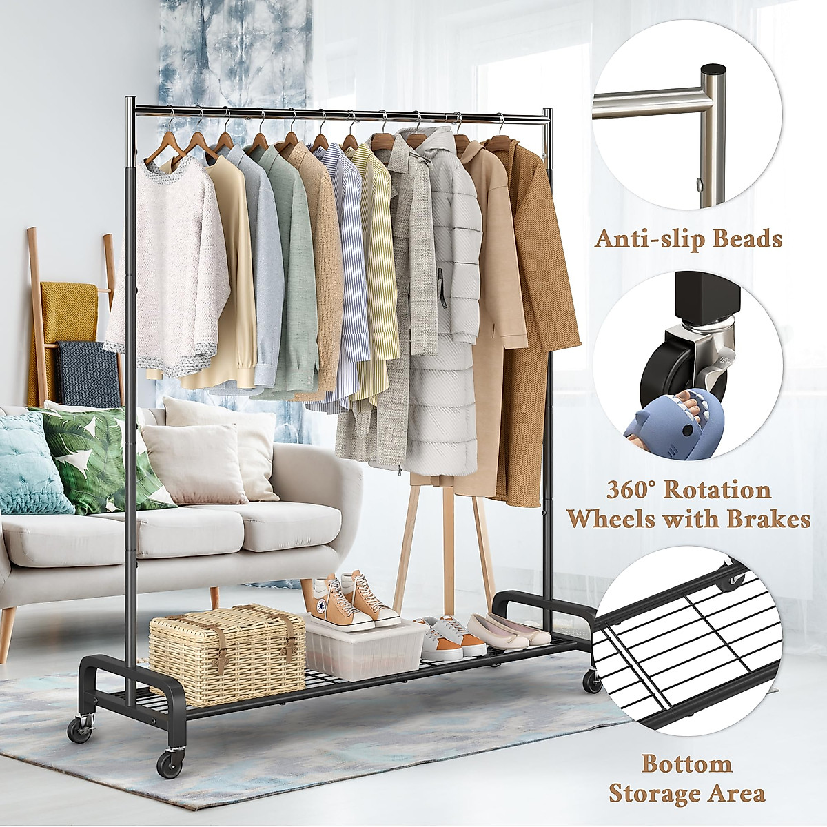 FEMOND Clothing Rack with Wheels Portable Clothes Rack Heavy Duty Garment Racks for Hanging Clothes 59" Rolling Clothes Rack