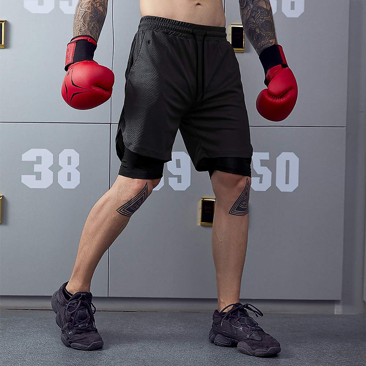 JWJ Men's 2 in 1 Workout Running Shorts 7 Inch Lightweight Athletic Gym Shorts with Compression Liner Black L