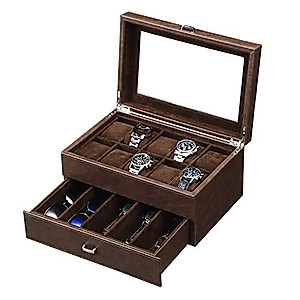 BEWISHOME Watch Box Luxury Watch Case -10 Slots Watch Organizer for Men with Drawer, Large Glass Top, Faux Leather,Brown SSH34Z