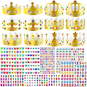 SIQUK 24 Pieces Golden Paper Crowns Gold Party Crowns Princess Prince Crown Hats King Crowns with 980 Pieces Gem Jewels Alphabet Number Letter Stickers for Party and Celebration
