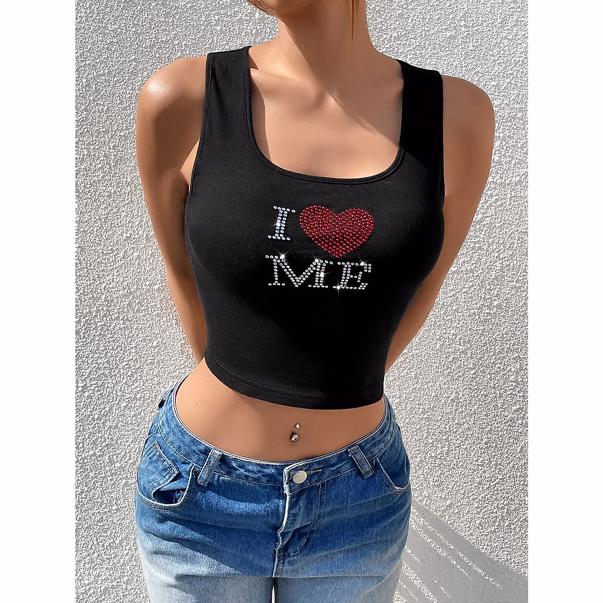 SOLY HUX Women's Rhinestone Heart Letter Print Y2K Crop Tank Top Scoop Neck Sleeveless T Shirts Solid Black XS