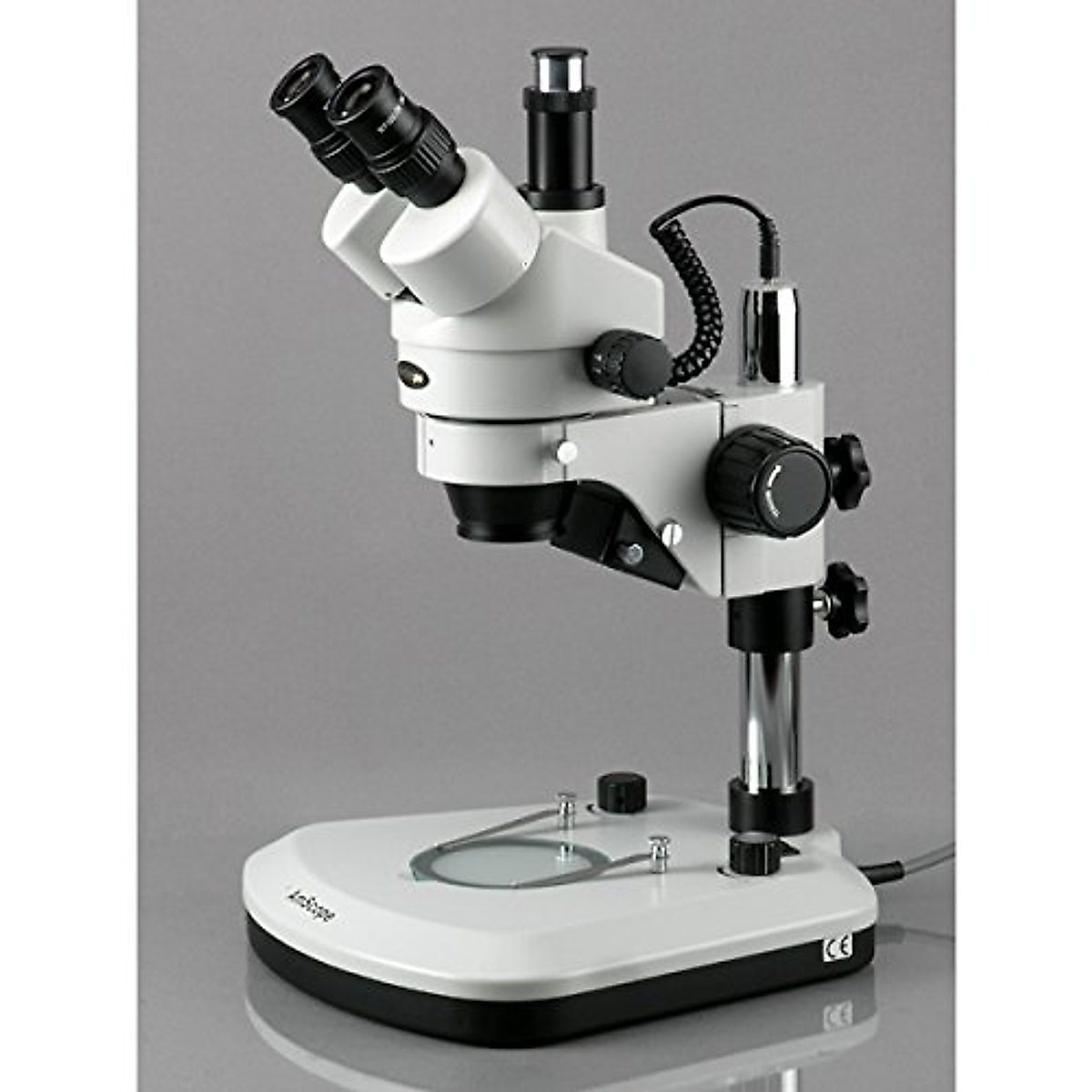 AmScope SM-1TZ-PL-5M Digital Professional Trinocular Stereo Zoom Microscope, WH10x Eyepieces, 3.5X-90X Magnification, 0.7X-4.5X Zoom Objective, Upper and Lower LED Lighting, Large Pillar-Style Table Stand, Includes 0.5X and 2.0X Barlow Lenses and 5MP Came