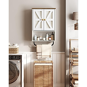 CHOEZON Bathroom Wall Cabinet, Medicine Cabinet with Open Partition and Towel Bar, Rustic Storage Cabinet with Open and Hidden Storage Space, for Bathroom, Living Room, Kitchen, White and Walnut