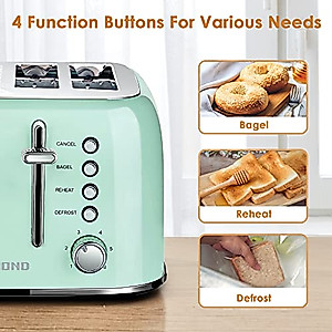 REDMOND Toaster 4 Slice, Retro Stainless Steel Toaster with Extra Wide Slots Bagel, Defrost, Reheat Function, Dual Independent Control Panel, Removable Crumb Tray, 6 Shade Settings and High Lift Lever, Aqua Green