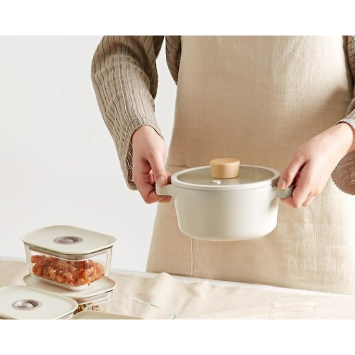 Fika NEOFLAM Mini Petit Pot for Stovetops and Induction | Wood knob and Glass Lid | Made in Korea (7 inch / 1.6qt)