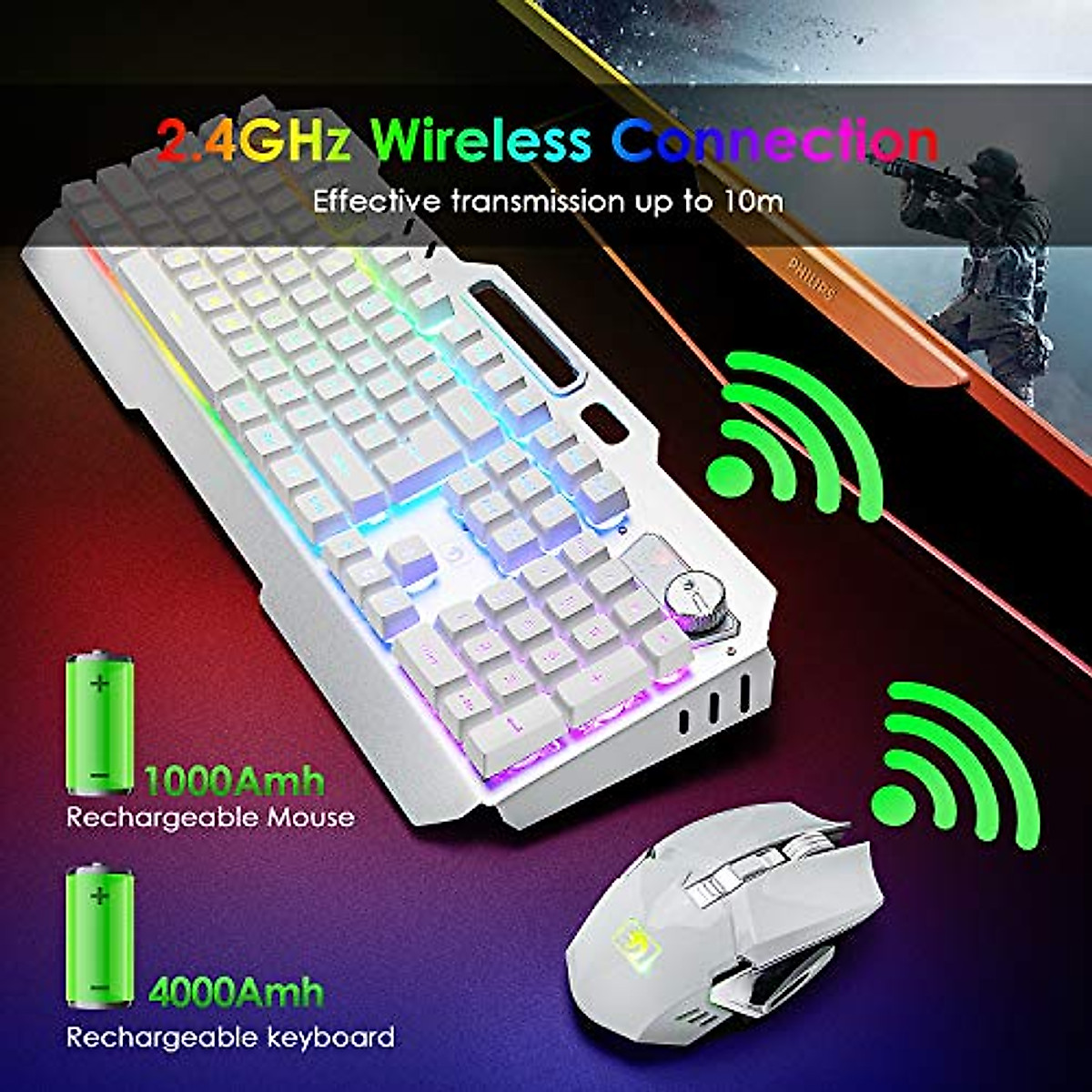 Wireless Gaming Keyboard and Mouse,16 Kinds RGB LED Backlit Rechargeable Keyboard Mouse with 4800mAh Battery Metal Panel,Mechanical Feel and Gaming Mute Mouse for PC Gamers(White RGB Backlit)