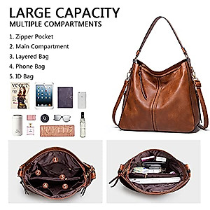 Meobvg Hobo Bag Handbags and Purses for Women, PU Leather Large Tote Shoulder Crossbody Shoulder Bags Set 2pcs (Brown)