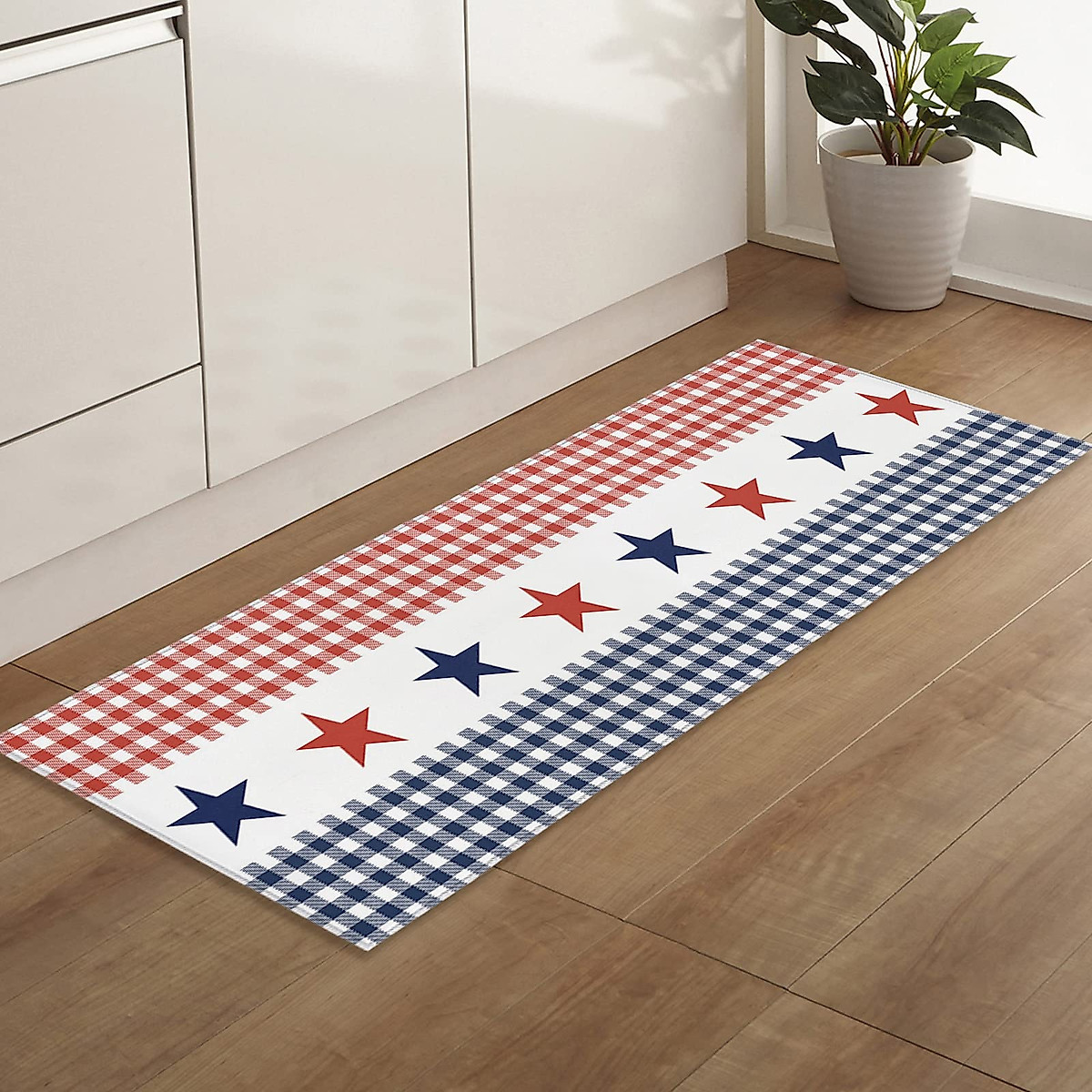 Rampower Kitchen Rugs, Independence Day Star Blue Red Plaid Buffalo Check 4th of July Non Slip Runner Rug Mat for Floor, Kitchen, Bedside, Sink, Office, Laundry, 19.7"X47.2"