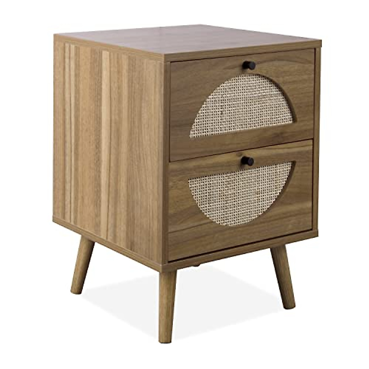 affeivul Rattan Nightstand Set of 2, End Side Table with 2 Rattan Drawers, Boho Accent Bedside Tables, Mid Century Nightstand with 2 Natural Rattan Drawers for Bedroom, Living Room,Sofa (Walnut)