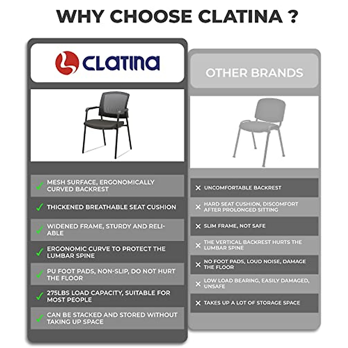 CLATINA Home Office Desk Chair No Wheels,Ergonomic Mesh Mid Back Stacking Arm Chair for Remote Learning,Small Office,Guest Chair,College Apartment - Alba Black
