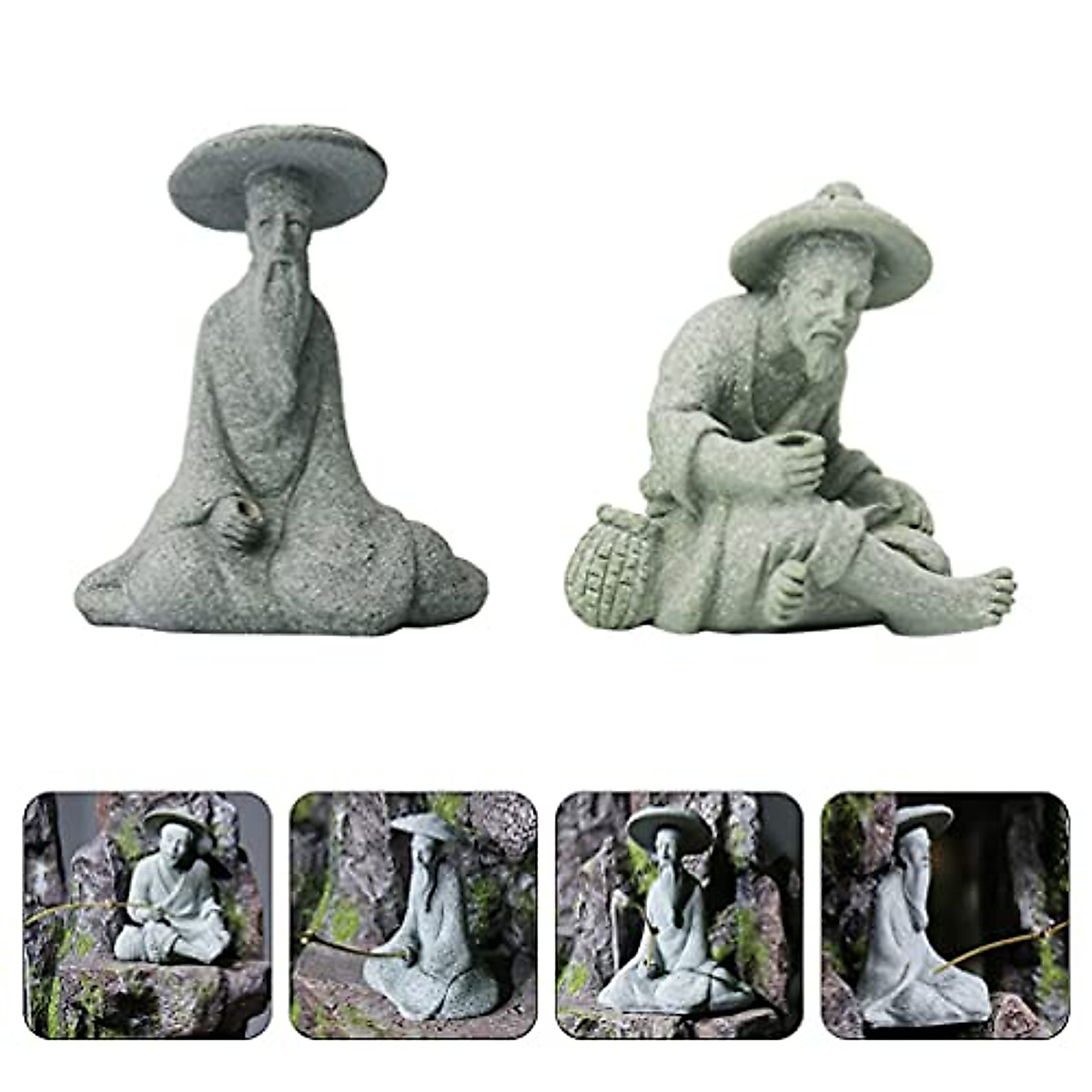 2Pcs Mini Fisherman Figurines Ceramics Chinese Mudman Sitting Fishing Garden Statue for Micro Pot Flower Vase Aquarium Decorations Asian Decor for Zen Garden, Gray, 4.5x4cm (17P5SY00210913VJ)