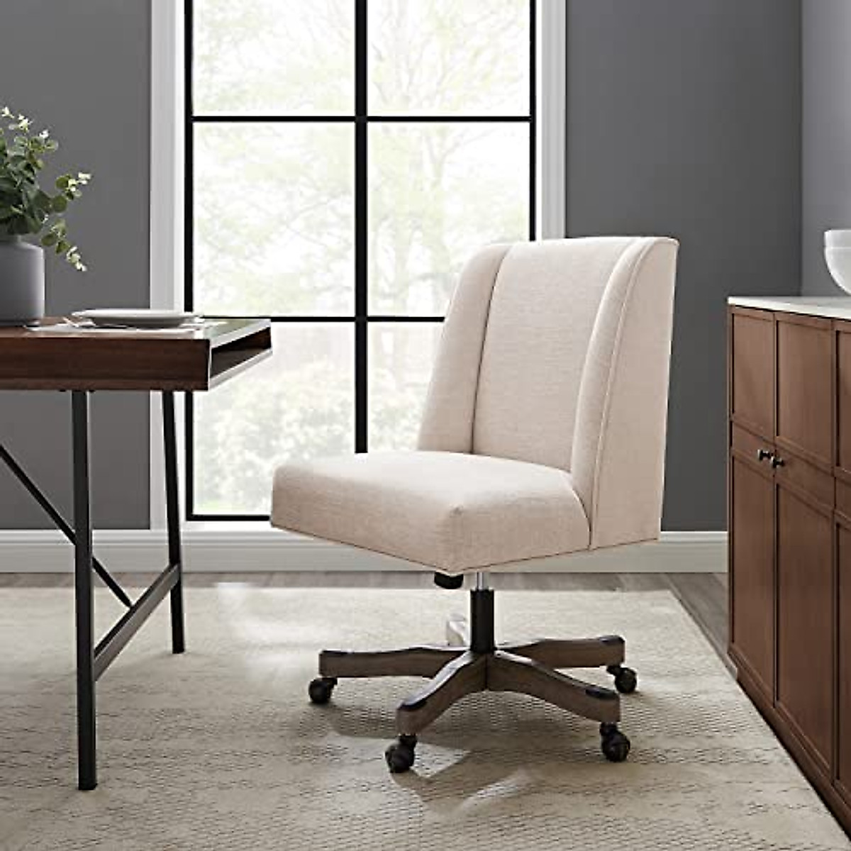 Linon Natural Linen Upholstered Swivel Wooden Base Clayton Office Chair