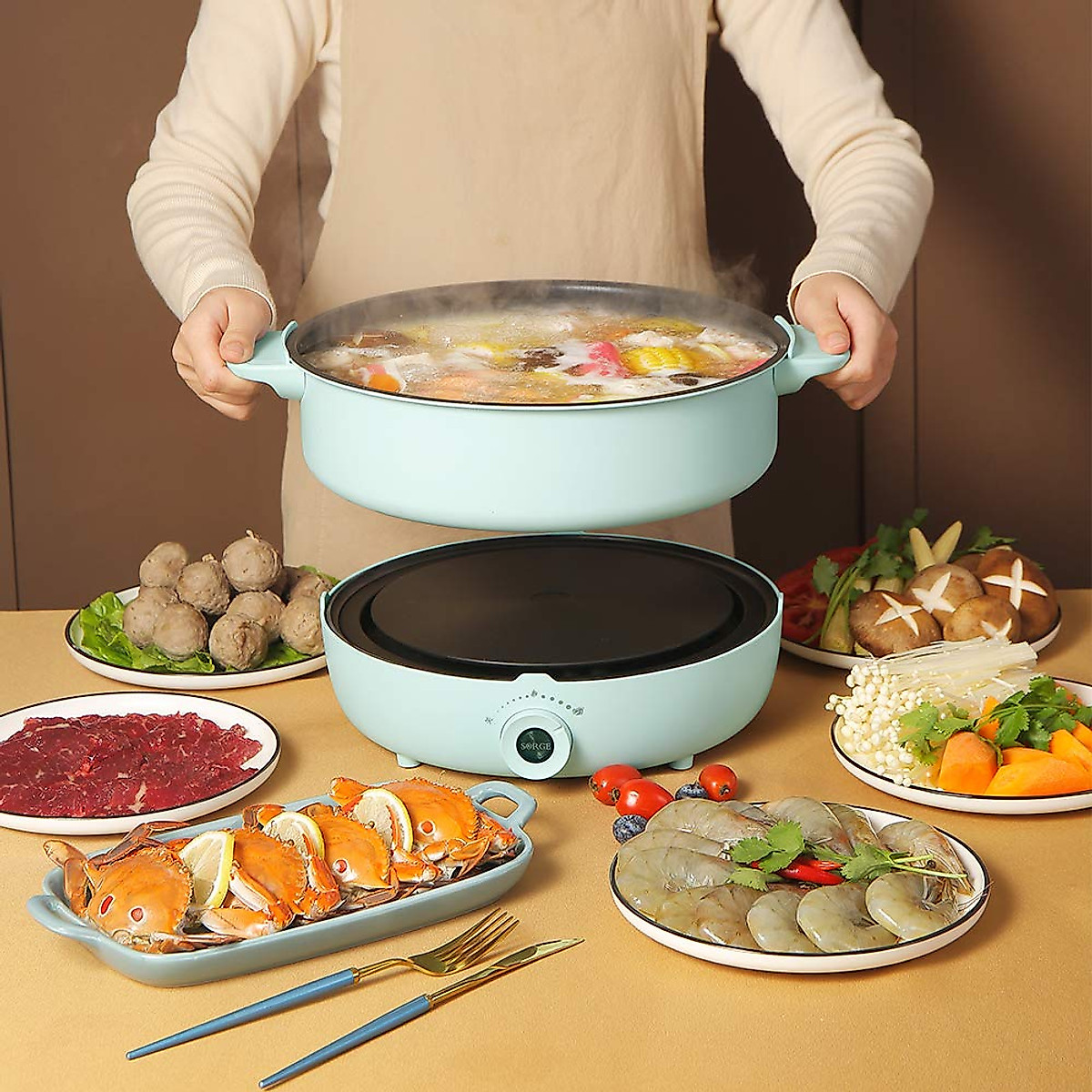 Hot Pot Electric with Burner, 5.3QT Hot Pot Electric Shabu Shabu Pot, Split Multi Non-Stick Electric Skillet, Portable Kitchen Burner Stove with Shabu Hot Pot for Home Cooking, Family Party