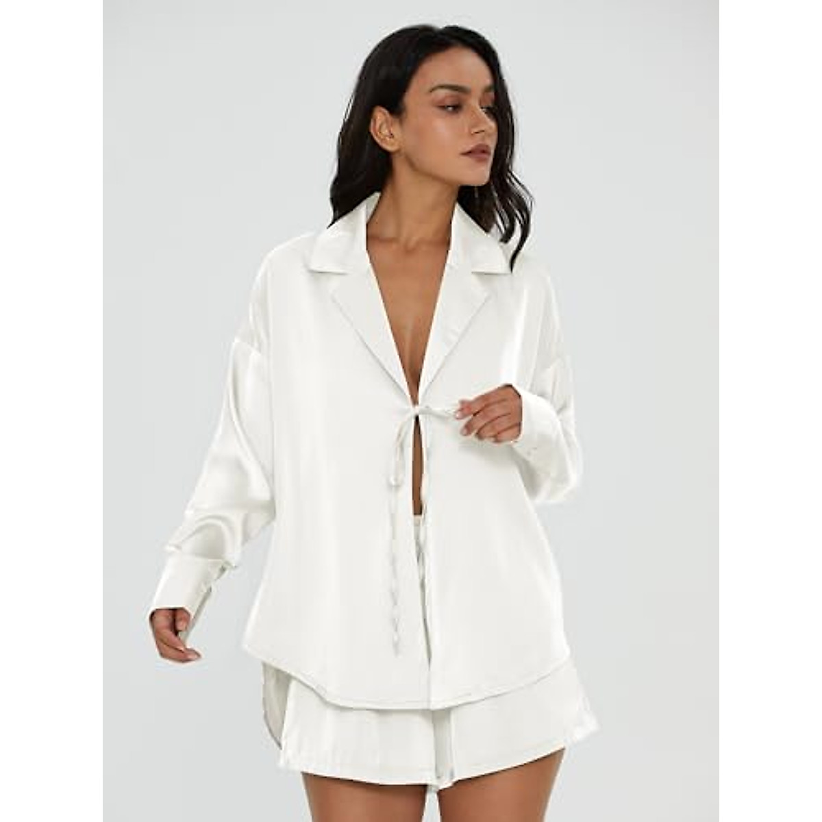 DEEP SELF Silk Pajama Sets for Women, Tie Front Long Sleeve Shirts and Shorts Satin Pj Set Soft Two Piece Sleepwear Lounge Sets (White, Large)