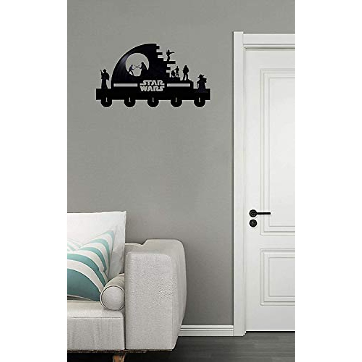 Star Wars Death Star Design Key Hook-Wall Door Clothes Coat Hat Hanger Key Holder with 5 Hooks Strong Adhesive Sticker Wood Hook,Best Gift for Friend, Man and boy. (M1)