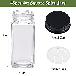 CUCUMI 48pcs Glass Spice Jars with Labels, 4oz Empty Square Spice Bottles with Shaker Lids, Black Airtight Metal Caps Collapsible Funnel Chalk Pen Seasoning Containers for Spice Rack Drawer Cabinet