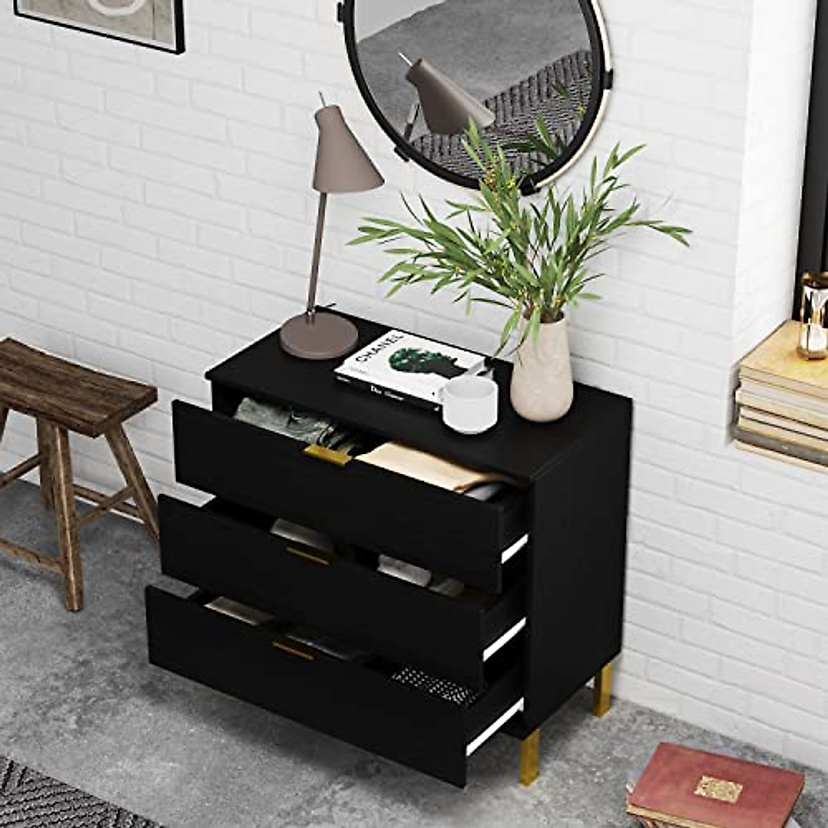 DiDuGo Black and Gold Nightstands Set of 2 Bedside Table 3 Drawer Dresser, Large Nightstand with Gold Metal Legs for Bedroom (31.5”w x 15.7”D x 29.7”H)