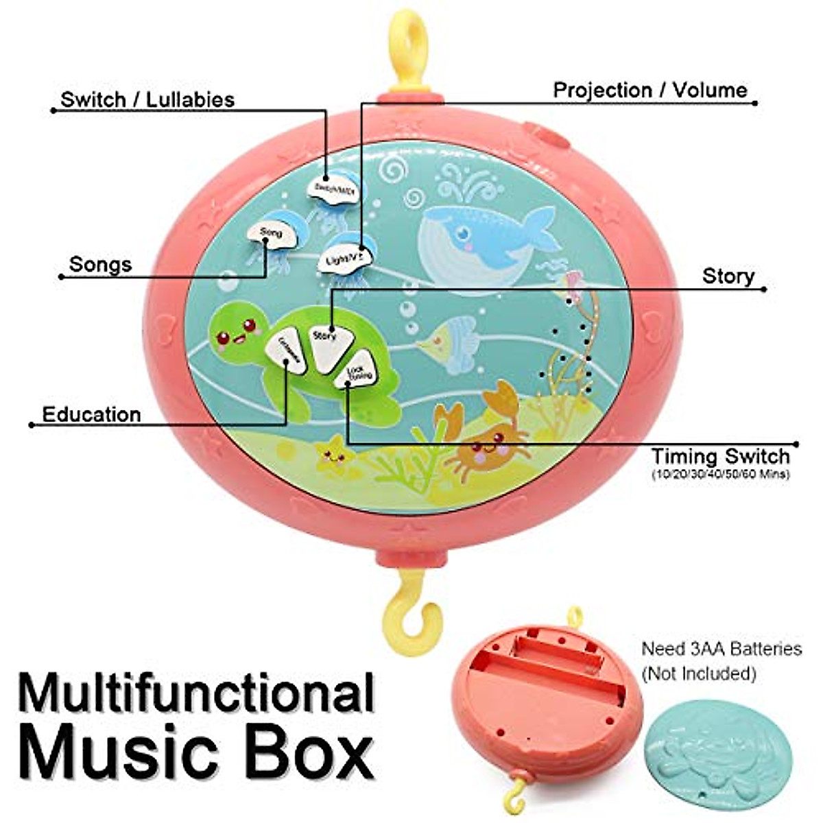 MARUMINE Baby Musical Crib Mobile with Night Light, Timer, Hanging Rattles, Nursery Ceiling Star Projector, Take Alone Music Box with Remote, Relaxing Soother Toys for Newborn Babies Boys Girls