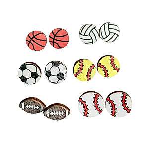 6 Pairs Sport Stud Earrings Cute Basketball Volleyball Baseball Football Rugby Lightweight Wooden Sport Earrings for Women Gift