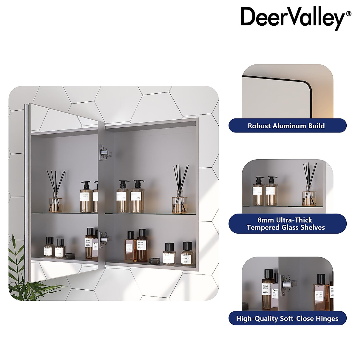 Deer Valley Medicine Cabinet with Mirrors, 15" x 19" Recessed Vanity Mirror for Bathroom, Wall Cabinet with Double Sided Mirror Frameless Rectangle, Adjustable Glass Shelves