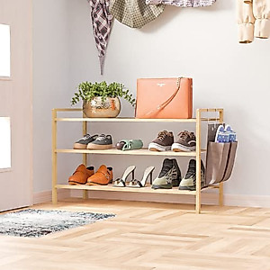 CoMokin Bamboo 3 Tier Shoe Rack Stackable Shoe Shelf Storage Organizer with Side Pockets for Unit Entryway Hallway and Closet Sturdy Free Standing Shoe Rack