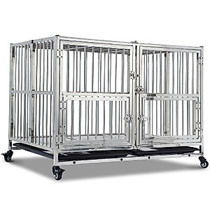 48" Heavy Duty Dog Crate Cage Kennel with Wheels, Full Stainless Steel High Anxiety Indestructible Dog Crate, Sturdy Locks Design, Double Door Small Door Design & Removable Tray Design (Silver)