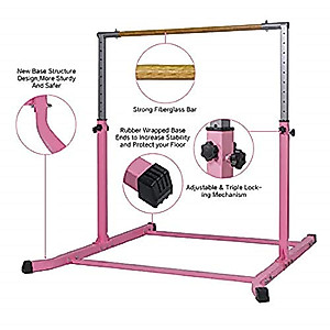 Gymnastic Kip Bar Horizontal Bar Expandable Height for Kids Junior Gymnastics 4'x6' Mat- Adjustable 3 to 5 FT - Gymnastic Bar with Cushioned Bar Pad for Fiberglass Rail with Curved Legs, Gloves (Pink)
