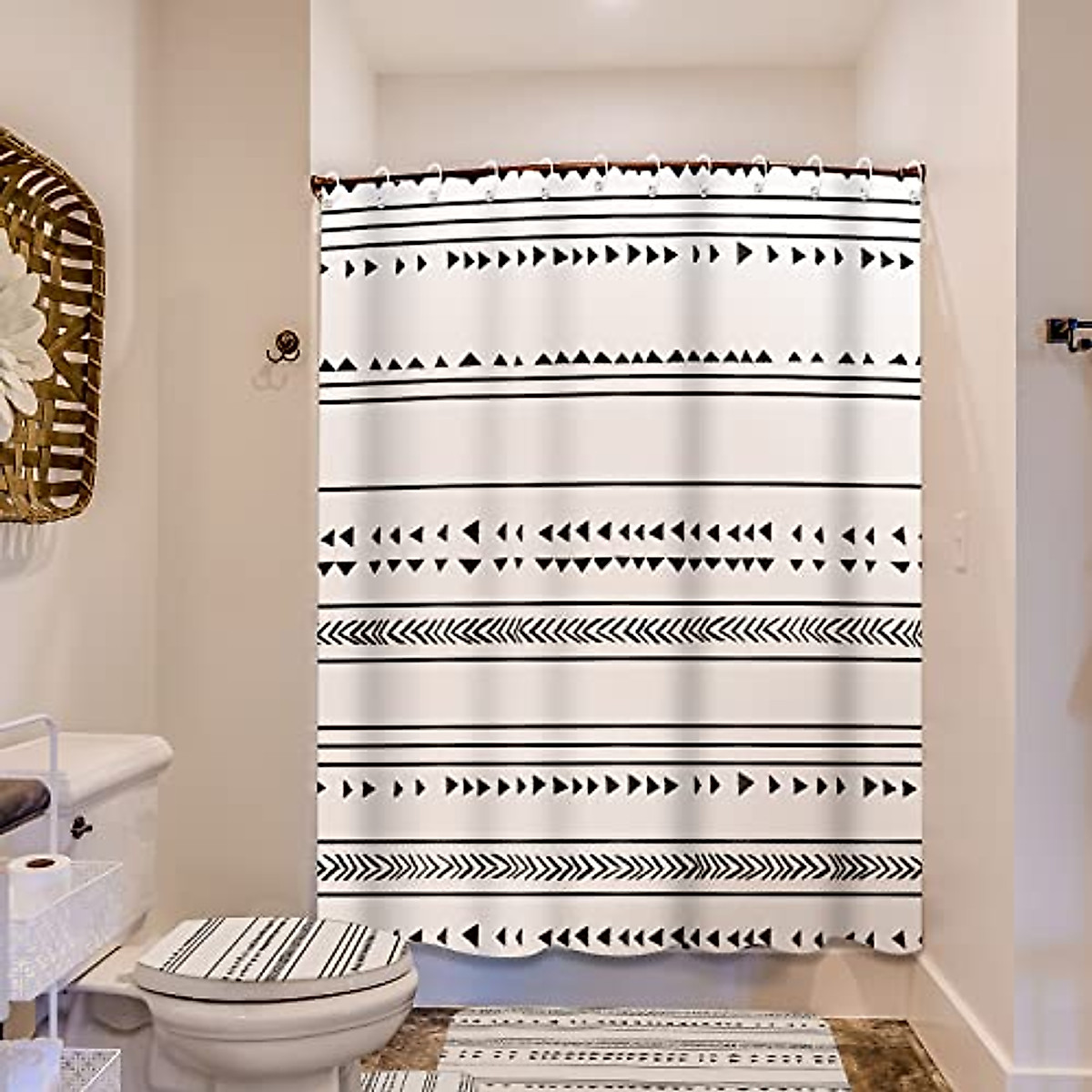 Rtteri 4 Pcs Boho Shower Curtain Sets with Rugs, 72 x 72 Inch Fabric Bathroom Curtains Set with Hooks Water Absorbent Bath Rugs Toilet Lid Cover Black White Chic Triangle and Geometric Bathroom Decor