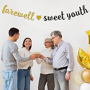 Maicaiffe Farewell Sweet Youth Banner - Old English Birthday Party Decor - 30th 40th 50th 60th Birthday Party Decorations, Gold Black Glitter