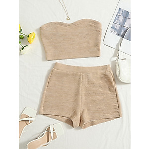 Verdusa Women's 2 Piece Outfit Ribbed Crop Bandeau Tube Top and Biker Track Shorts Sets Khaki M