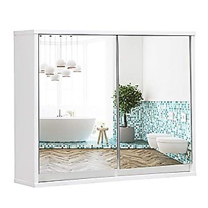 Tangkula Wide Medicine Organizer Bathroom Cabinet Double Mirror Door Wall Mount Storage Shelf White (22" Wood