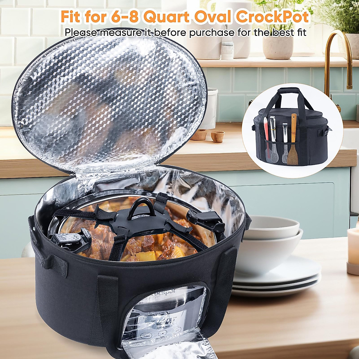 Double-Layer Slow Cooker Carrying Bag for 6-8 Quart CrockPot and Hamlton Beach Slow Cooker, Travel Bag with Lid Fastener for Crock-pot, Portable Carrier Case Slow Cooker Bag with See-thought Window