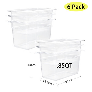 Plastic Food Pan, 1/9 Size 4 Inch Deep Commercial Food Pan, 6 Pack Polycarbonate Plastic Clear Storage Containers, Durable Hotel Pans for Fruits Vegetables Beans Corns Freezer-Safe