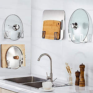 YARNOW 2 Pairs Pot Lid Holder Stainless Steel Pot Lid Storage Rack Wall Mounted Cutting Board Holder Pan Lid Organizer Shelf Hanger for Kitchen Cooking Utensil Silver Black