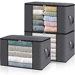 HomeHacks Storage 3-Pack Clothes Organizer Storage Bags Foldable Storage Box with Large Clear Window Sturdy Handles for Closet, Dorm, Pillows, Bedding, Clothes, Stuffed Toys, Blankets, 100L, Grey