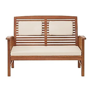 Lyndon Eucalyptus Wood Outdoor 2-Seat Bench with Cream Cushions, Weather-Resistant, Durable, Perfect for Patio and Garden, Coordinating Pieces Available, 48 in. W x 28 in. D x 35 in. H