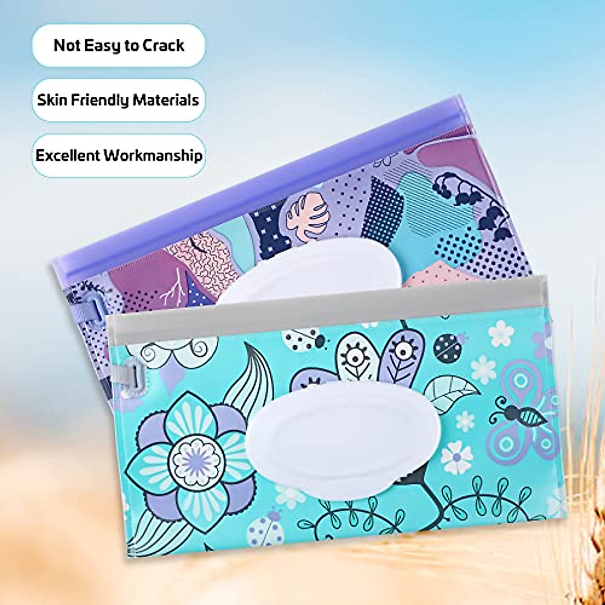 FEBSNOW 2 Pack Baby Wipe Dispenser,Reusable Portable Wipe Holder,Baby Wipes Container,Travel Baby Wipes,Refillable Wet Wipe Pouch(Floral)