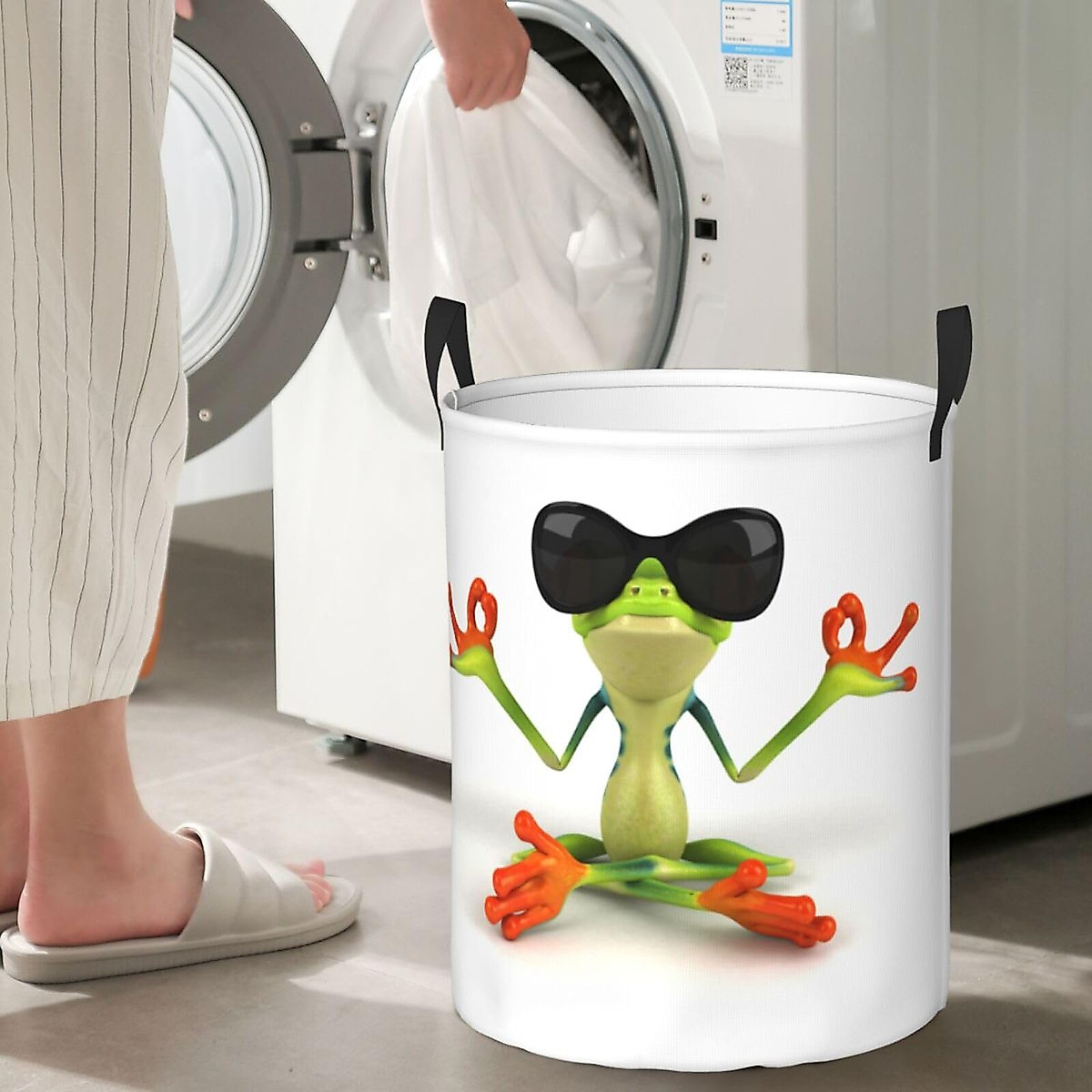 FOISIIAEA Laundry Basket,Funny Frog Wearing Glasses Bathroom Organizer Basket Waterproof Foldable Cloth Hamper with Lining for Home Storage