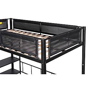 Livavege Twin Over Full Bunk Bed with Shelves & Grid Panel, Detachable L-Shaped Bunk Beds w/Full-Length Guardrails & Ladder for Kids Boys Girls Teens Adults, Metal Bunkbed Frame Wood Slats/Noise-Free