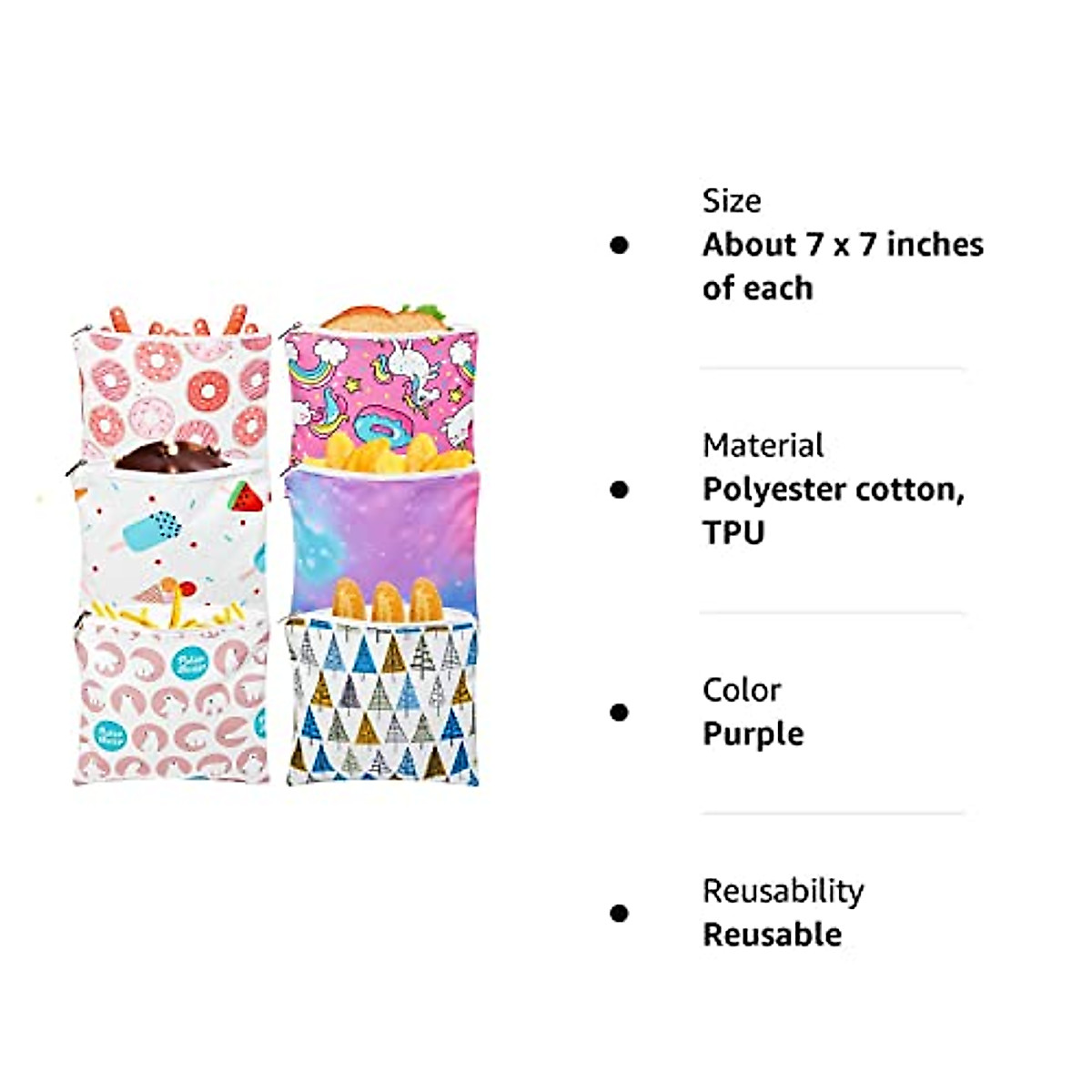 Shappy 6 Pack Reusable Snack Bags Food Safety Washable Lunch Baggies for Kids with Zipper Kids Food Storage Pouch Zipper Dual Layer Bags (7 x 7 Inch) As Shown in Pictures about 7 x 7 inches of each