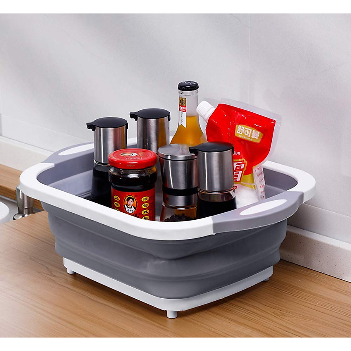 Girl and Cat Collapsible Cutting Board, Foldable Wash Basin with Colander Portable Washing Sink Silicone Dish Tub for Camping, Outdoor, BBQ, Kitchen, Picnic, Hiking, Gray