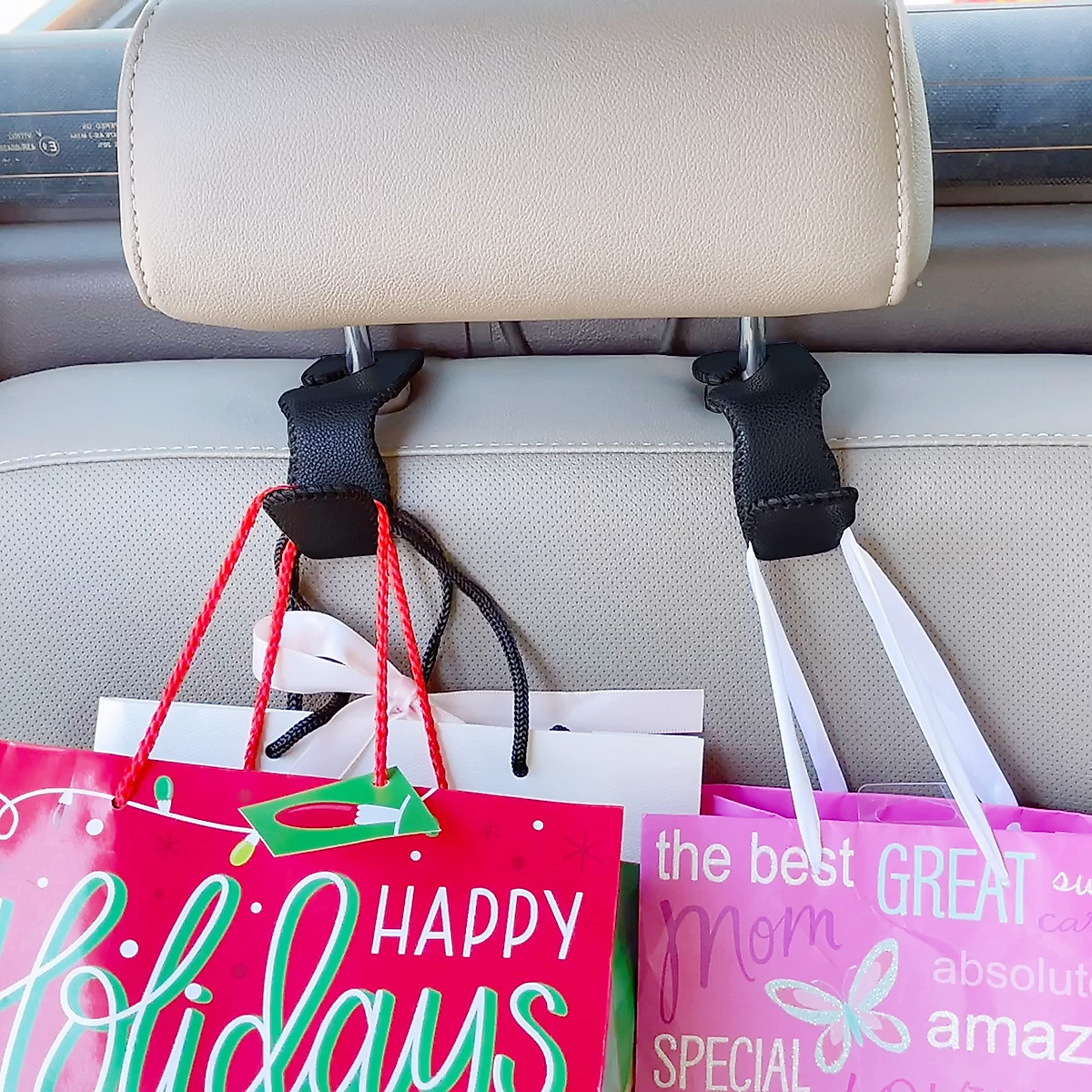 EcoNour Leather Car Seat Hooks (2 Pack Black) | Portable Bag Holder for Car to Keep Your Purse, Groceries & Handbags from Sliding Around | Headrest Hook with Crafted Stitches