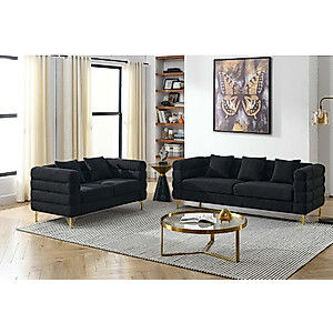 81-inch Couches + 60-inch Loveseat Sofa for Living Room, Set of 2 Modern Teddy Fabric Upholstered Sofa Couch with Square Arm and 4 Golden Metal Legs for Living Room, Office, Apartment, Black