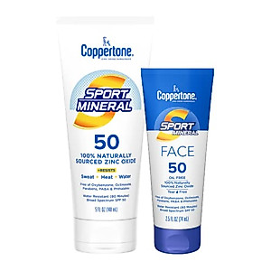 Coppertone Sport Mineral SPF 50 Zinc Oxide Mineral Sunscreen Multi Pack, Sport Mineral Body Sunscreen Lotion & Sport Mineral Face Sunscreen Lotion (5 fl. oz. + 2.5 fl. oz. Bundle)