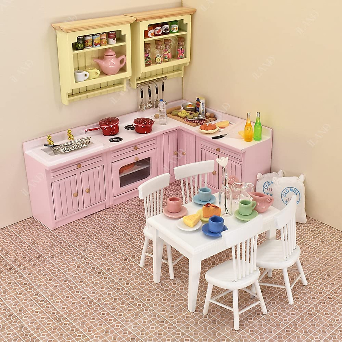 iLAND Wooden Dollhouse Furniture on 1:12 Scale for Miniature Dollhouse Kitchen w/Unit Cabinets, Dollhouse Fridge and Dollhouse Dining Room Furniture(Pretty Pink 11pcs)