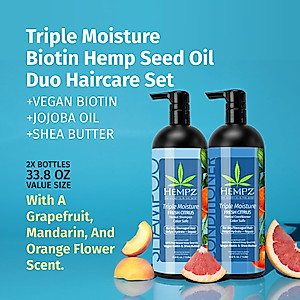 HEMPZ Hair Shampoo & Conditioner Set - Grapefruit & Peach Scent for Dry, Damaged and Color Treated Hair, Hydrating, Softening, Moisturizing with Biotin Duo Set 33.8 fl oz