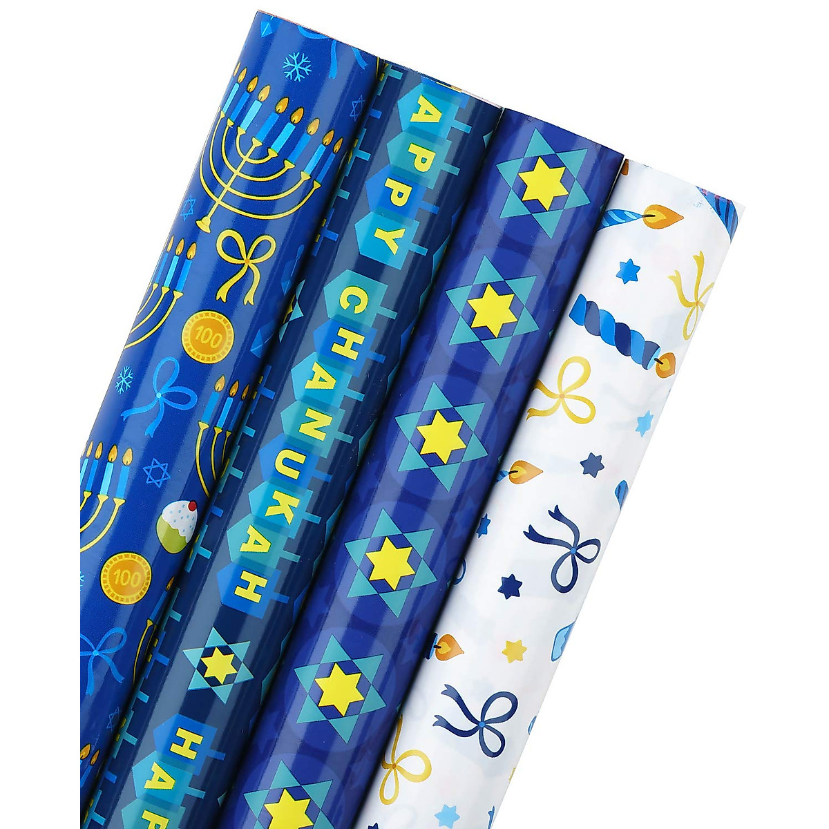 WRAPAHOLIC Hanukkah Wrapping Paper Roll - Menorahs, The Star of David, Candles Design for Chanukah Celebration - 4 Rolls - 30 Inch X 120 Inch Per Roll
