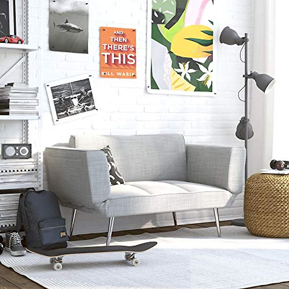 Novogratz Leyla Loveseat with Magazine Storage, Adjustable Sofa Bed Armrests to Convert into a Couch Sleeper, Light Gray Futon