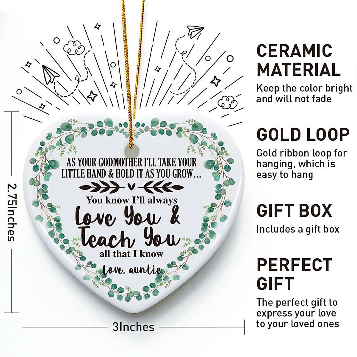 Christian Religious Gift for Godchild from Godmother, Love You & Teach You, Christmas Ornament Keepsake Sign Gift for Godson Goddaughter, Baptism Christening Gift Boys Girls from Godmother