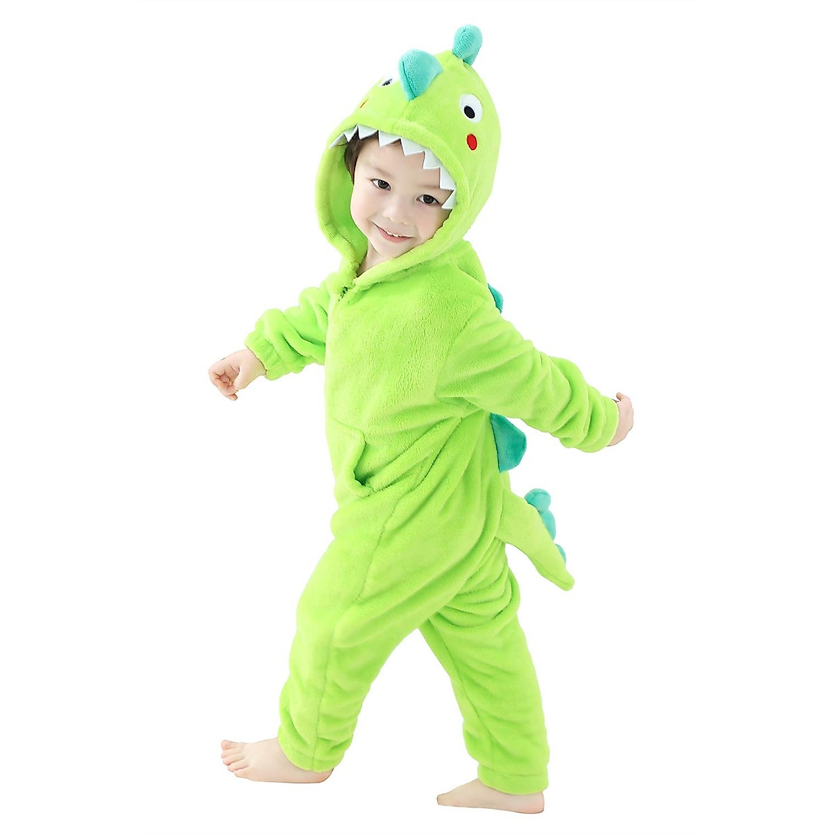 LOLANTA Boys Girls Dinosaur Costume Bodysuit Flannel Toddler One Piece Jumpsuit Kids Gifts (Green, 6-7 Years)